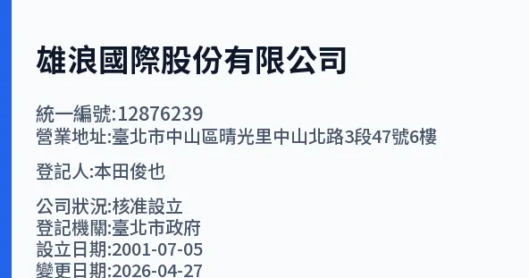 雄浪國際股份有限公司的照片-統編 12876239(臺北市) 公司登記資料與營業項目詳細圖表