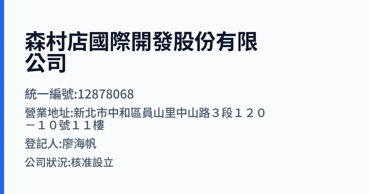 森村店國際開發股份有限公司 - 統編 12878068(新北市) 公司登記資料與營業項目詳細圖表