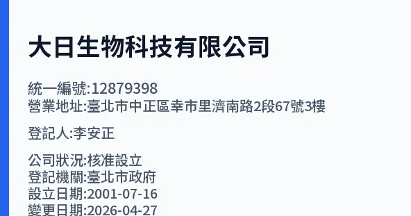 大日生物科技有限公司的照片-統編 12879398(臺北市) 公司登記資料與營業項目詳細圖表