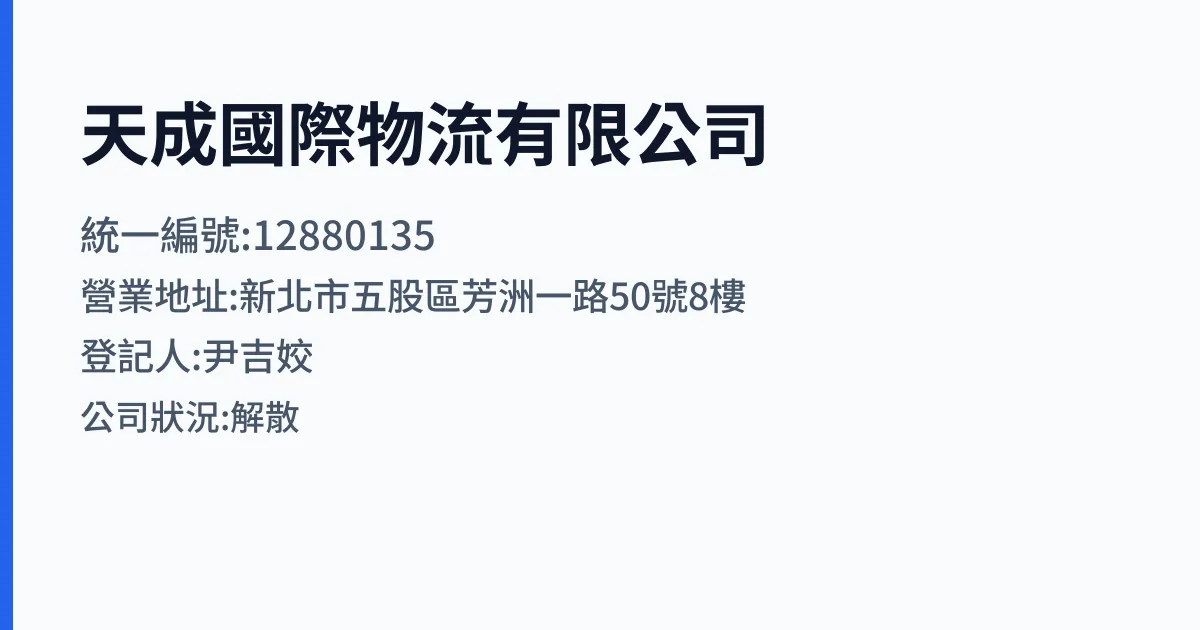 天成國際物流有限公司 - 統編 12880135(新北市) 公司登記資料與營業項目詳細圖表