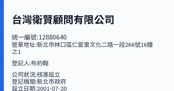 台灣衛賢顧問有限公司的照片-統編 12880640(新北市) 公司登記資料與營業項目詳細圖表