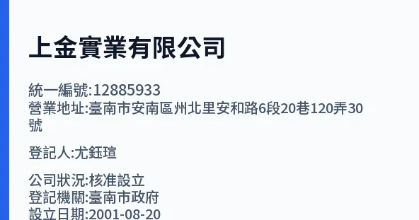 上金實業有限公司的照片-統編 12885933(臺南市) 公司登記資料與營業項目詳細圖表