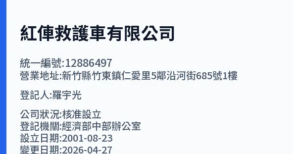 紅俥救護車有限公司的照片-統編 12886497(新竹縣) 公司登記資料與營業項目詳細圖表