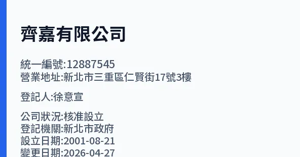齊嘉有限公司的照片-統編 12887545(新北市) 公司登記資料與營業項目詳細圖表