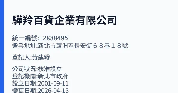 驊羚百貨企業有限公司的照片-統編 12888495(新北市) 公司登記資料與營業項目詳細圖表