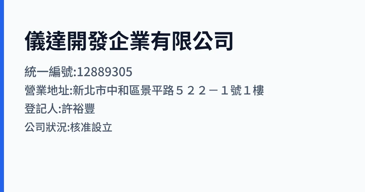 儀達開發企業有限公司 - 統編 12889305(新北市) 公司登記資料與營業項目詳細圖表