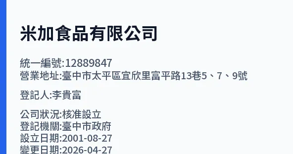 米加食品有限公司的照片-統編 12889847(臺中市) 公司登記資料與營業項目詳細圖表