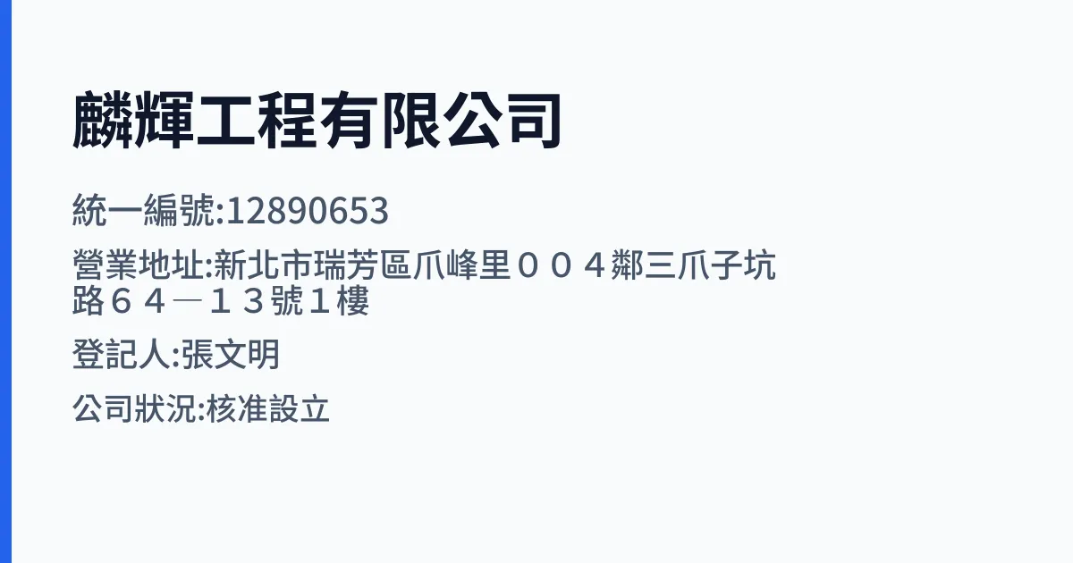 麟輝工程有限公司 - 統編 12890653(新北市) 公司登記資料與營業項目詳細圖表