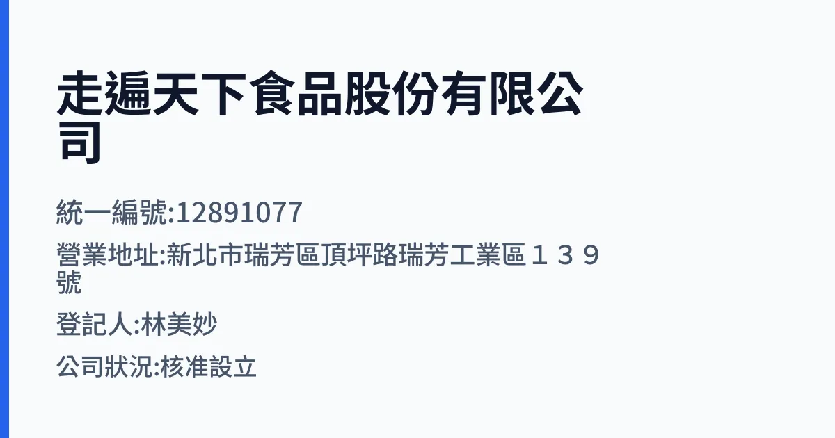 走遍天下食品股份有限公司 - 統編 12891077(新北市) 公司登記資料與營業項目詳細圖表