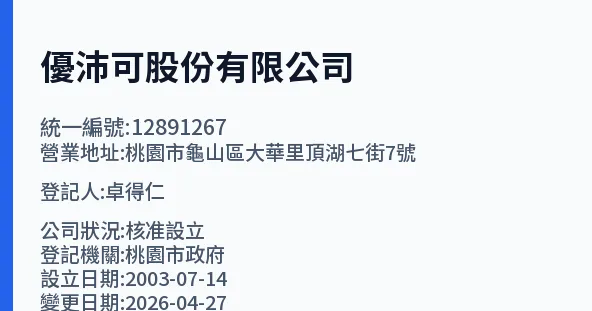 優沛可股份有限公司的照片-統編 12891267(桃園市) 公司登記資料與營業項目詳細圖表