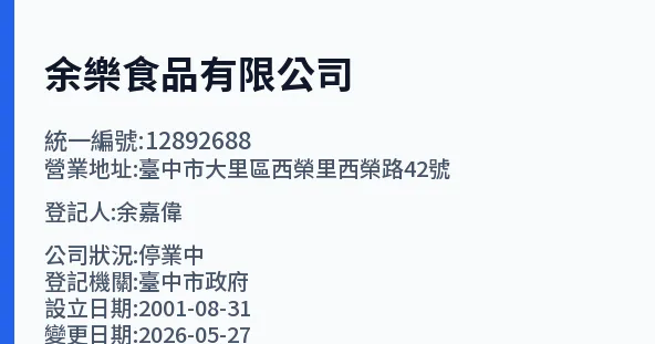 余樂食品有限公司的照片-統編 12892688(臺中市) 公司登記資料與營業項目詳細圖表