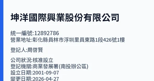 坤洋國際興業股份有限公司的照片-統編 12892786(彰化縣) 公司登記資料與營業項目詳細圖表