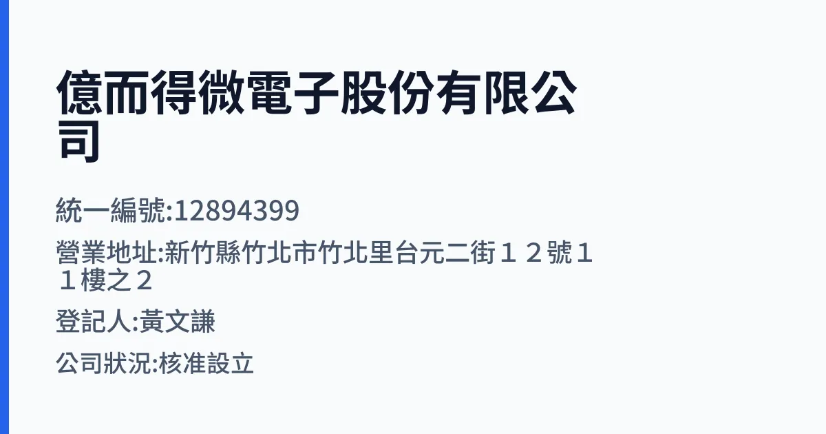億而得微電子股份有限公司 - 統編 12894399(新竹縣) 公司登記資料與營業項目詳細圖表