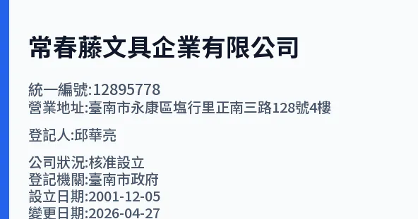 常春藤文具企業有限公司的照片-統編 12895778(臺南市) 公司登記資料與營業項目詳細圖表