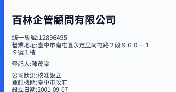 百林企管顧問有限公司的照片-統編 12896495(臺中市) 公司登記資料與營業項目詳細圖表