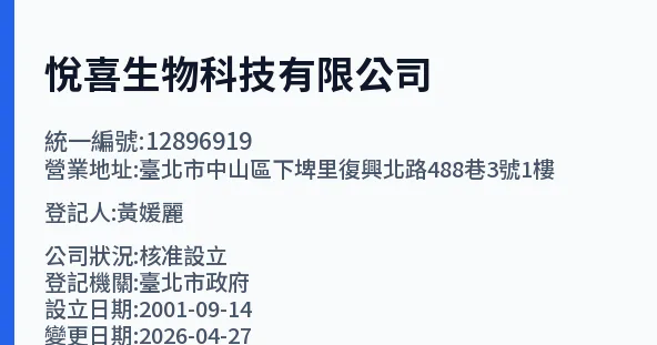 悅喜生物科技有限公司的照片-統編 12896919(臺北市) 公司登記資料與營業項目詳細圖表