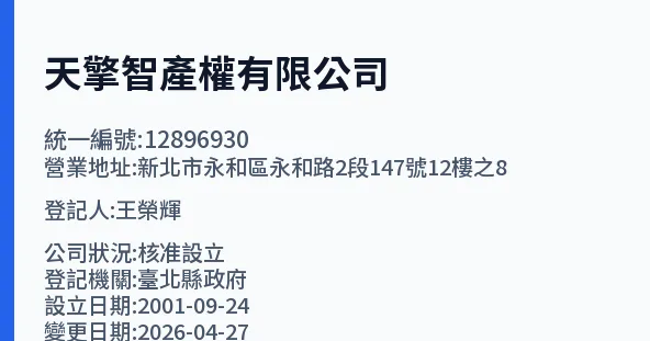 天擎智產權有限公司的照片-統編 12896930(新北市) 公司登記資料與營業項目詳細圖表