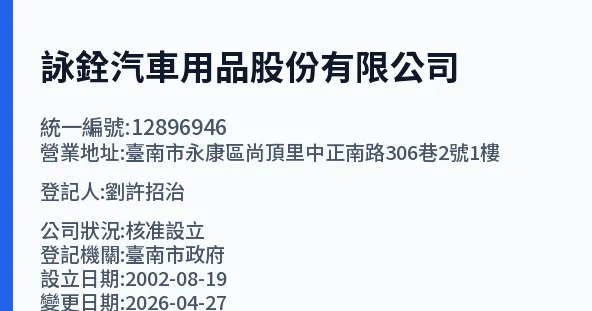 詠銓汽車用品股份有限公司的照片-統編 12896946(臺南市) 公司登記資料與營業項目詳細圖表
