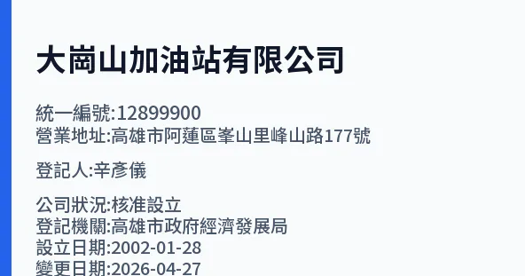 大崗山加油站有限公司的照片-統編 12899900(高雄市) 公司登記資料與營業項目詳細圖表