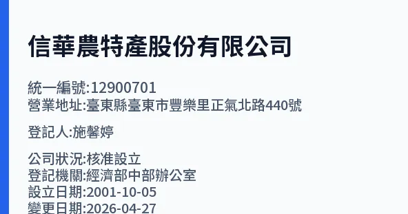 信華農特產股份有限公司的照片-統編 12900701(臺東縣) 公司登記資料與營業項目詳細圖表