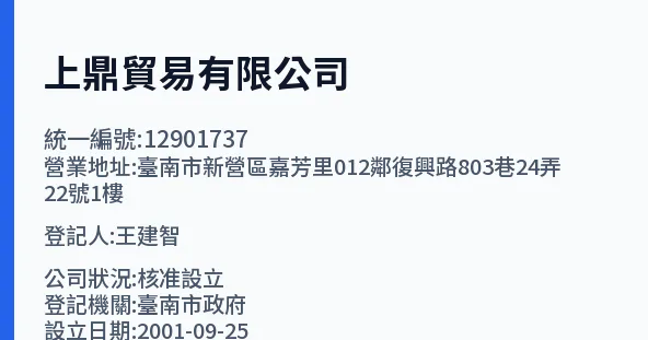 上鼎貿易有限公司的照片-統編 12901737(臺南市) 公司登記資料與營業項目詳細圖表