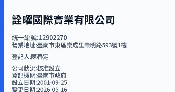 詮曜國際實業有限公司的照片-統編 12902270(臺南市) 公司登記資料與營業項目詳細圖表