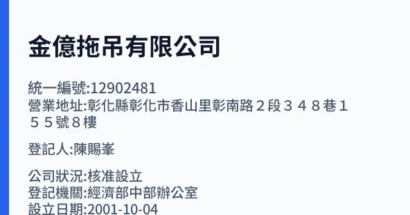 金億拖吊有限公司的照片-統編 12902481(彰化縣) 公司登記資料與營業項目詳細圖表