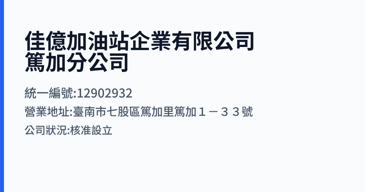 佳億加油站企業有限公司篤加分公司 - 統編 12902932(臺南市) 公司登記資料與營業項目詳細圖表