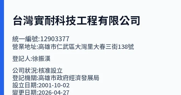 台灣實耐科技工程有限公司的照片-統編 12903377(高雄市) 公司登記資料與營業項目詳細圖表