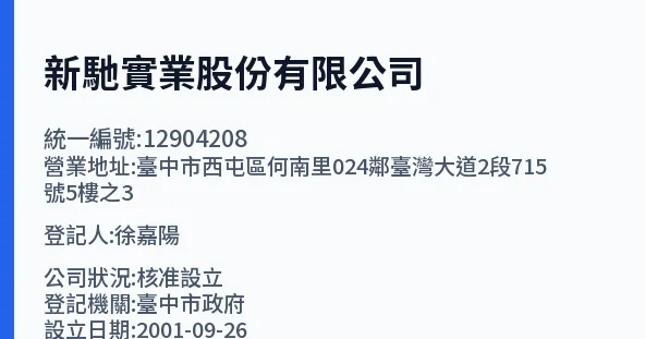 新馳實業股份有限公司的照片-統編 12904208(臺中市) 公司登記資料與營業項目詳細圖表