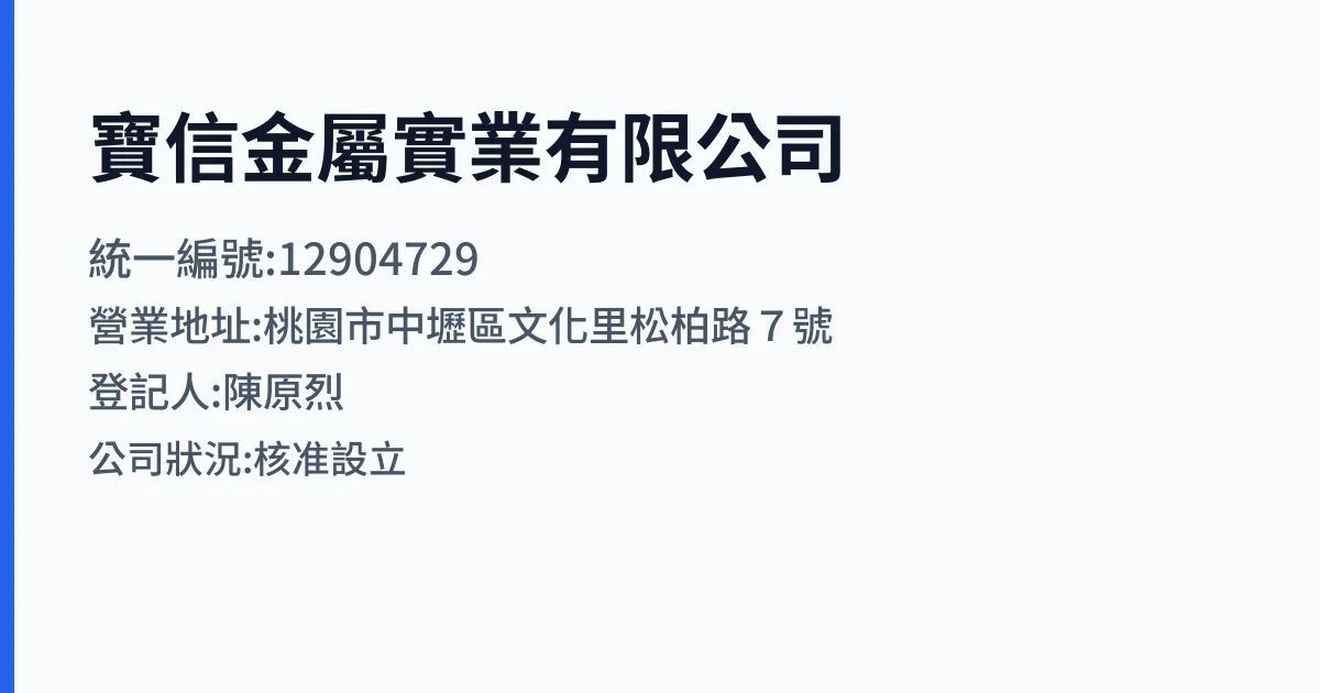 寶信金屬實業有限公司 - 統編 12904729(桃園市) 公司登記資料與營業項目詳細圖表