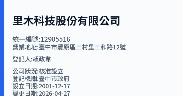 里木科技股份有限公司的照片-統編 12905516(臺中市) 公司登記資料與營業項目詳細圖表