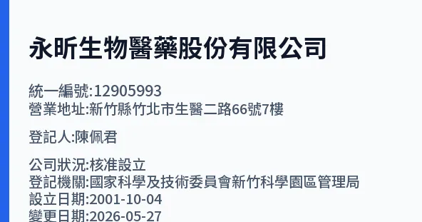 永昕生物醫藥股份有限公司的照片-統編 12905993(新竹縣) 公司登記資料與營業項目詳細圖表