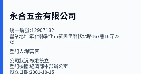 永合五金有限公司的照片-統編 12907182(彰化縣) 公司登記資料與營業項目詳細圖表