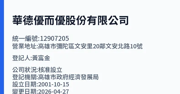 華德優而優股份有限公司的照片-統編 12907205(高雄市) 公司登記資料與營業項目詳細圖表
