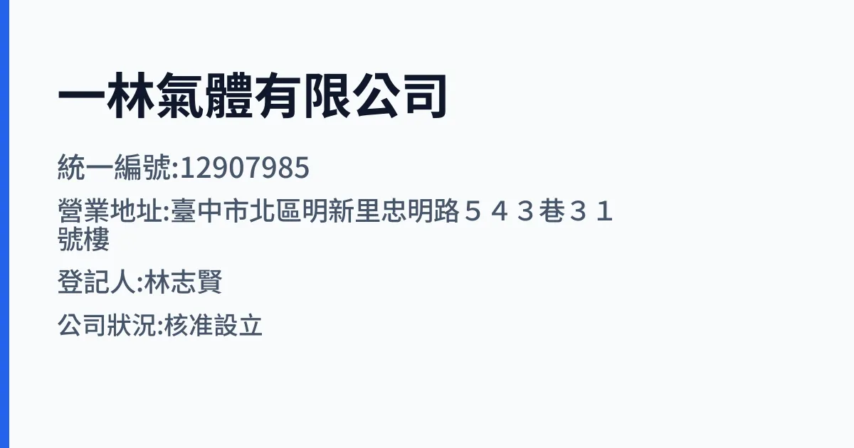 一林氣體有限公司 - 統編 12907985(臺中市) 公司登記資料與營業項目詳細圖表