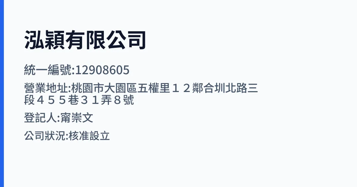 泓穎有限公司 - 統編 12908605(桃園市) 公司登記資料與營業項目詳細圖表