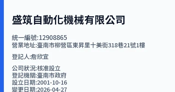 盛筑自動化機械有限公司的照片-統編 12908865(臺南市) 公司登記資料與營業項目詳細圖表