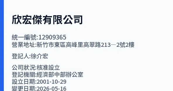 欣宏傑有限公司的照片-統編 12909365(新竹市) 公司登記資料與營業項目詳細圖表