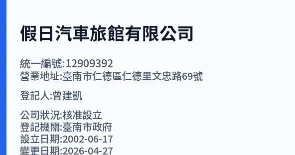 假日汽車旅館有限公司的照片-統編 12909392(臺南市) 公司登記資料與營業項目詳細圖表