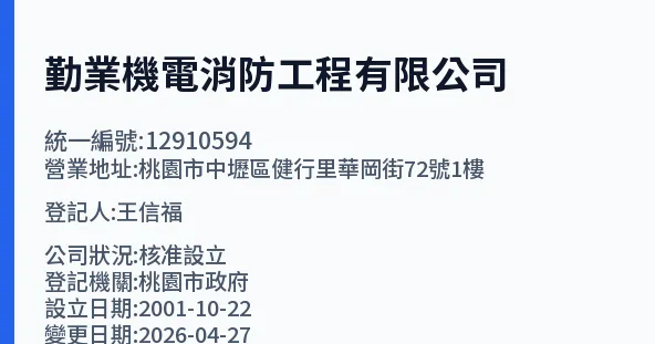 勤業機電消防工程有限公司的照片-統編 12910594(桃園市) 公司登記資料與營業項目詳細圖表