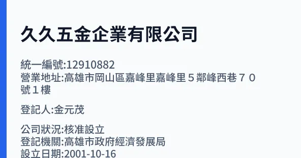 久久五金企業有限公司的照片-統編 12910882(高雄市) 公司登記資料與營業項目詳細圖表