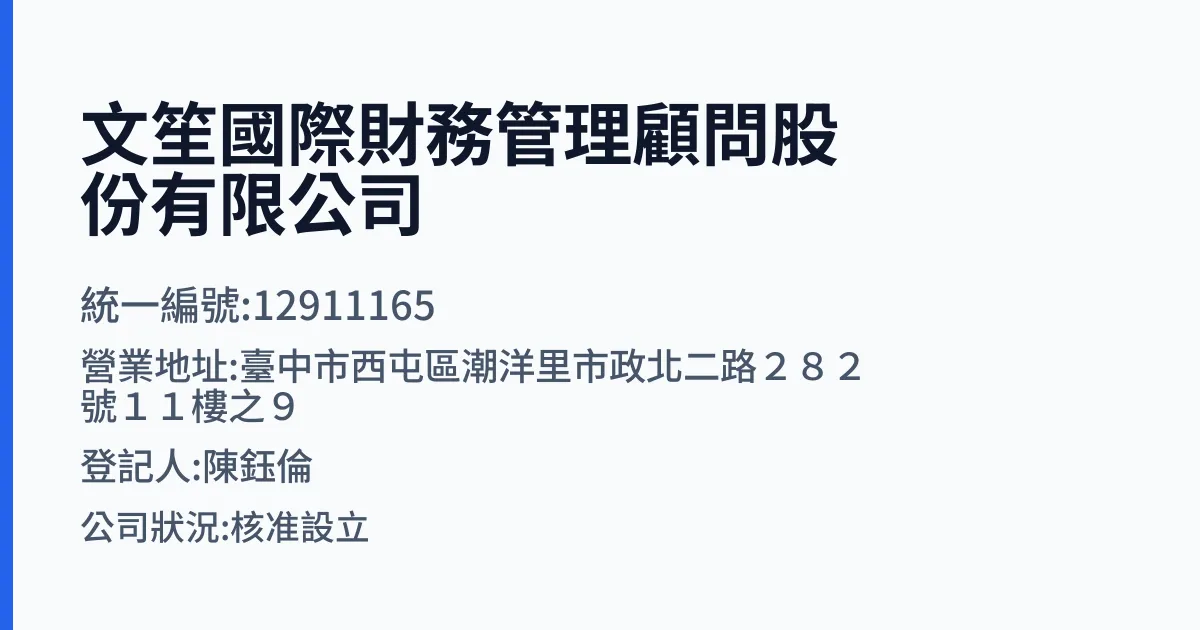 文笙國際財務管理顧問股份有限公司 - 統編 12911165(臺中市) 公司登記資料與營業項目詳細圖表