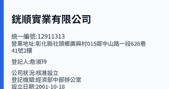 銧順實業有限公司的照片-統編 12911313(彰化縣) 公司登記資料與營業項目詳細圖表
