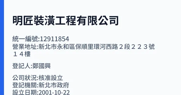 明匠裝潢工程有限公司的照片-統編 12911854(新北市) 公司登記資料與營業項目詳細圖表
