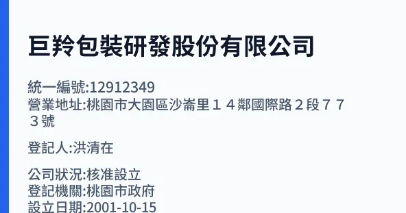 巨羚包裝研發股份有限公司的照片-統編 12912349(桃園市) 公司登記資料與營業項目詳細圖表