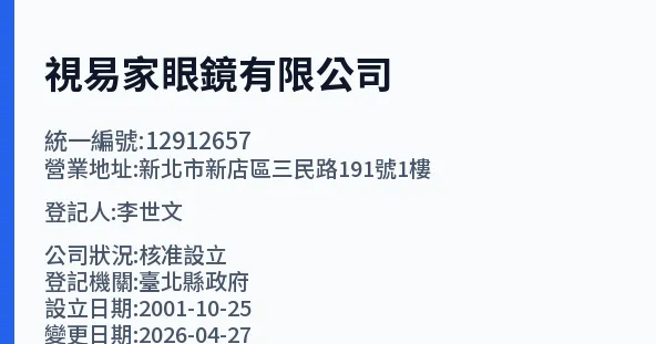 視易家眼鏡有限公司的照片-統編 12912657(新北市) 公司登記資料與營業項目詳細圖表