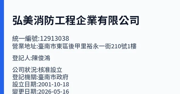 弘美消防工程企業有限公司的照片-統編 12913038(臺南市) 公司登記資料與營業項目詳細圖表