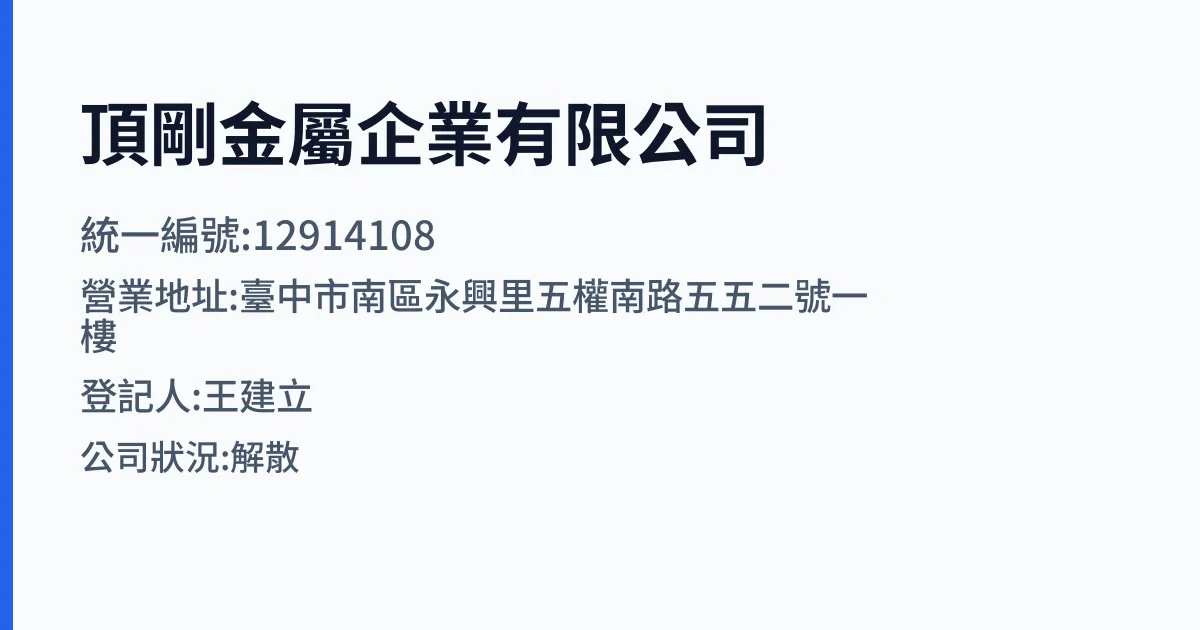 頂剛金屬企業有限公司 - 統編 12914108(臺中市) 公司登記資料與營業項目詳細圖表