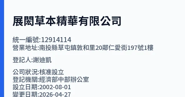 展閎草本精華有限公司的照片-統編 12914114(南投縣) 公司登記資料與營業項目詳細圖表